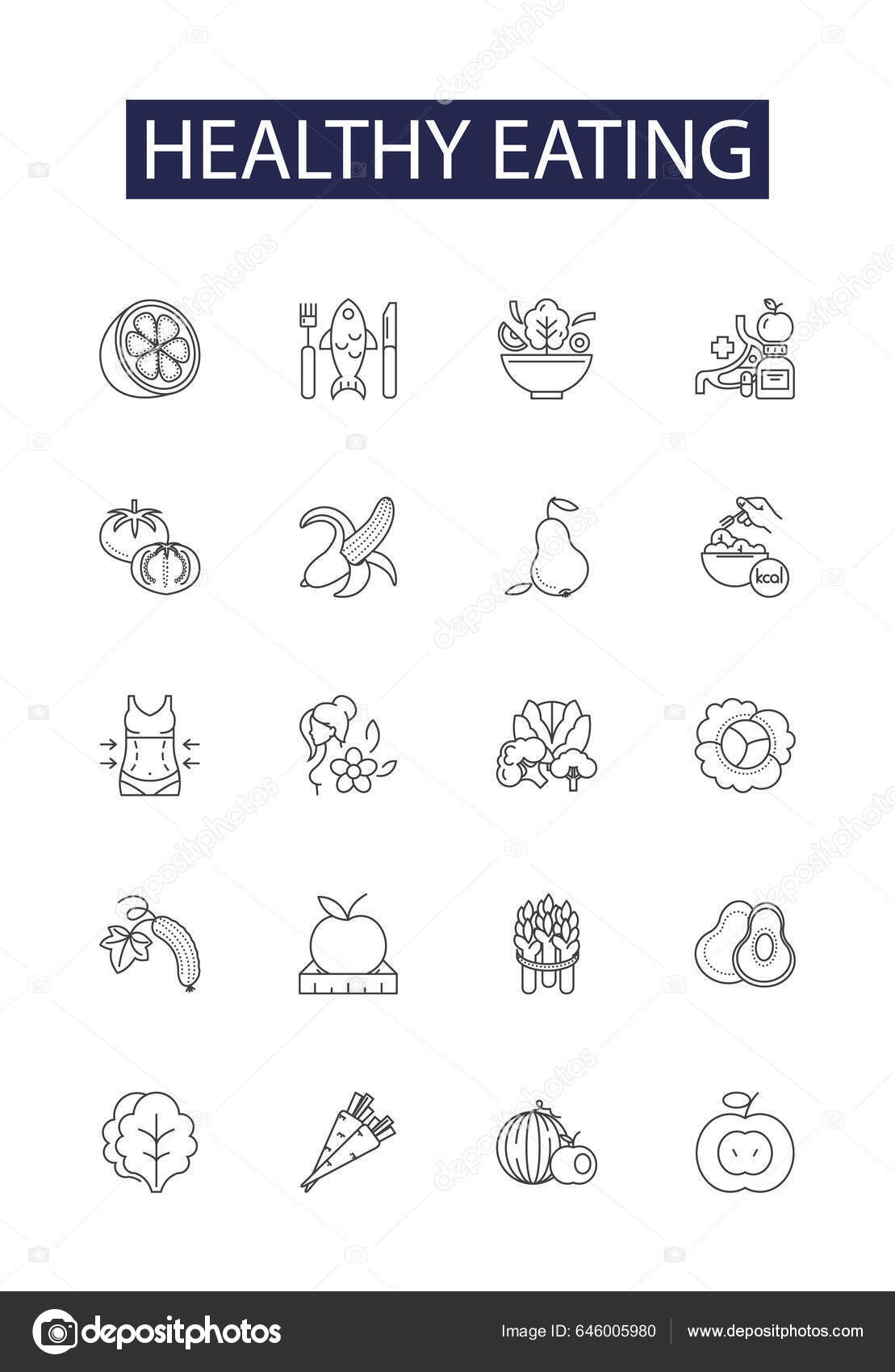 Vektor Garis Makan Yang Sehat Dan Tanda Tanda Nutrisi Buah Vektor Stok ...