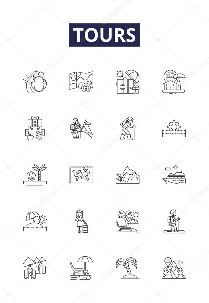 Tours línea vectorial iconos y signos. Viajar, Visitar lugares ...