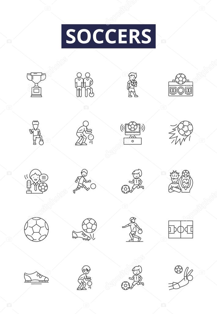 Soccers línea vectorial iconos y signos. Fútbol, Metas, Cleats, Patadas ...