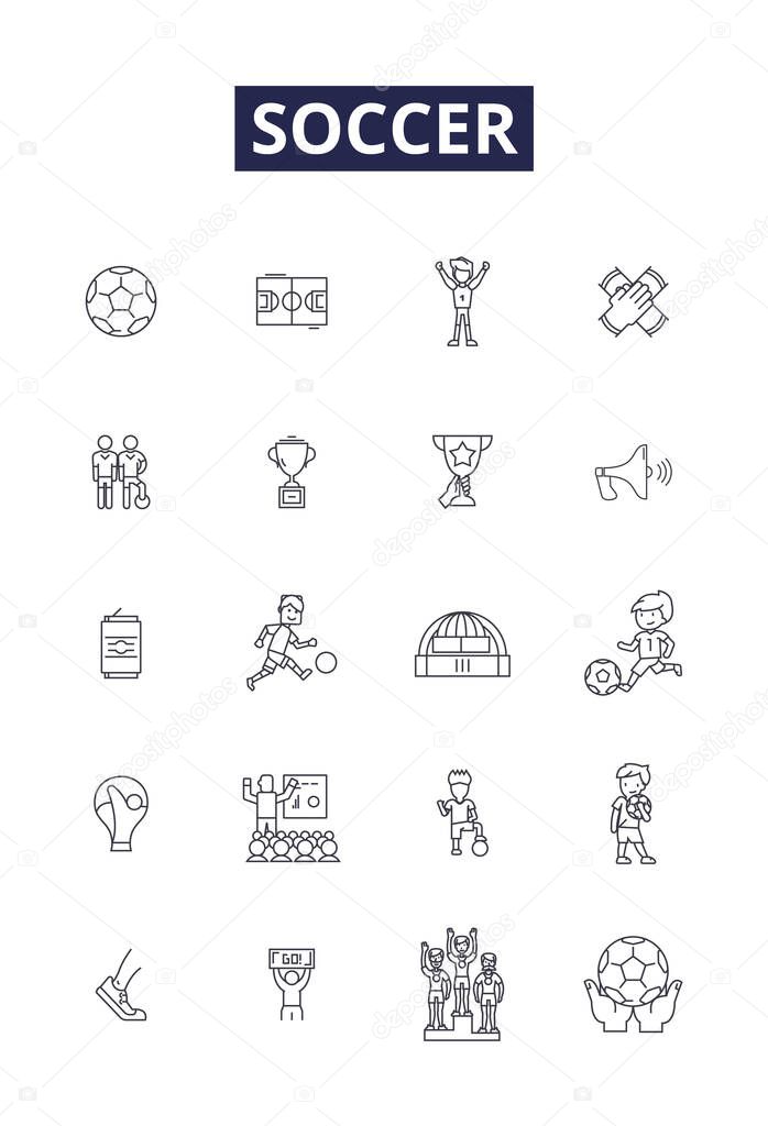 Línea de fútbol vector iconos y signos. Objetivo, Patada, Golpeador ...
