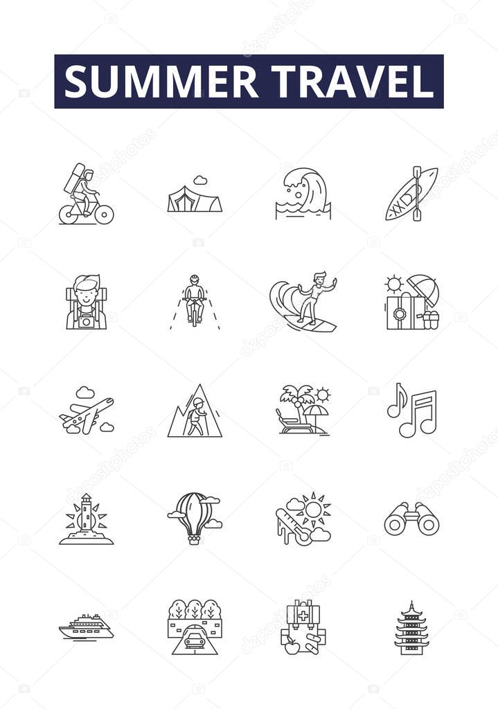 Verano línea de viaje vector iconos y signos. Vacaciones, Visitar ...