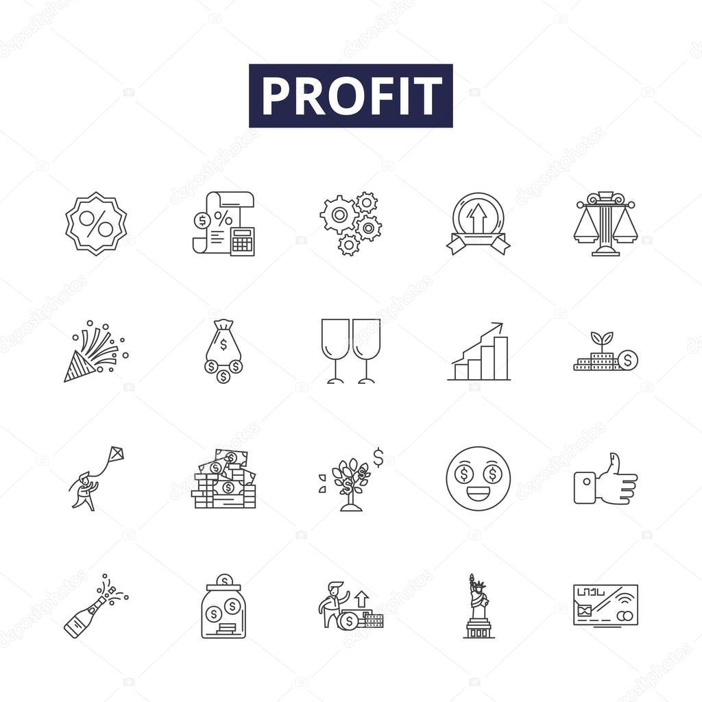 Iconos y signos vectoriales de línea de ganancia. Retorno, Ingresos, Rendimiento, Fondos ...