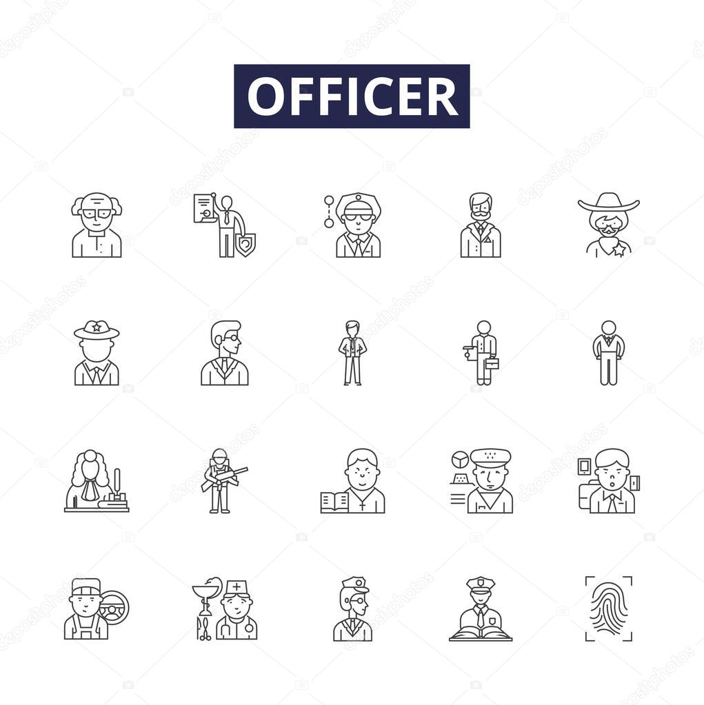 Oficial línea vectorial iconos y signos. alguacil, sargento, teniente ...