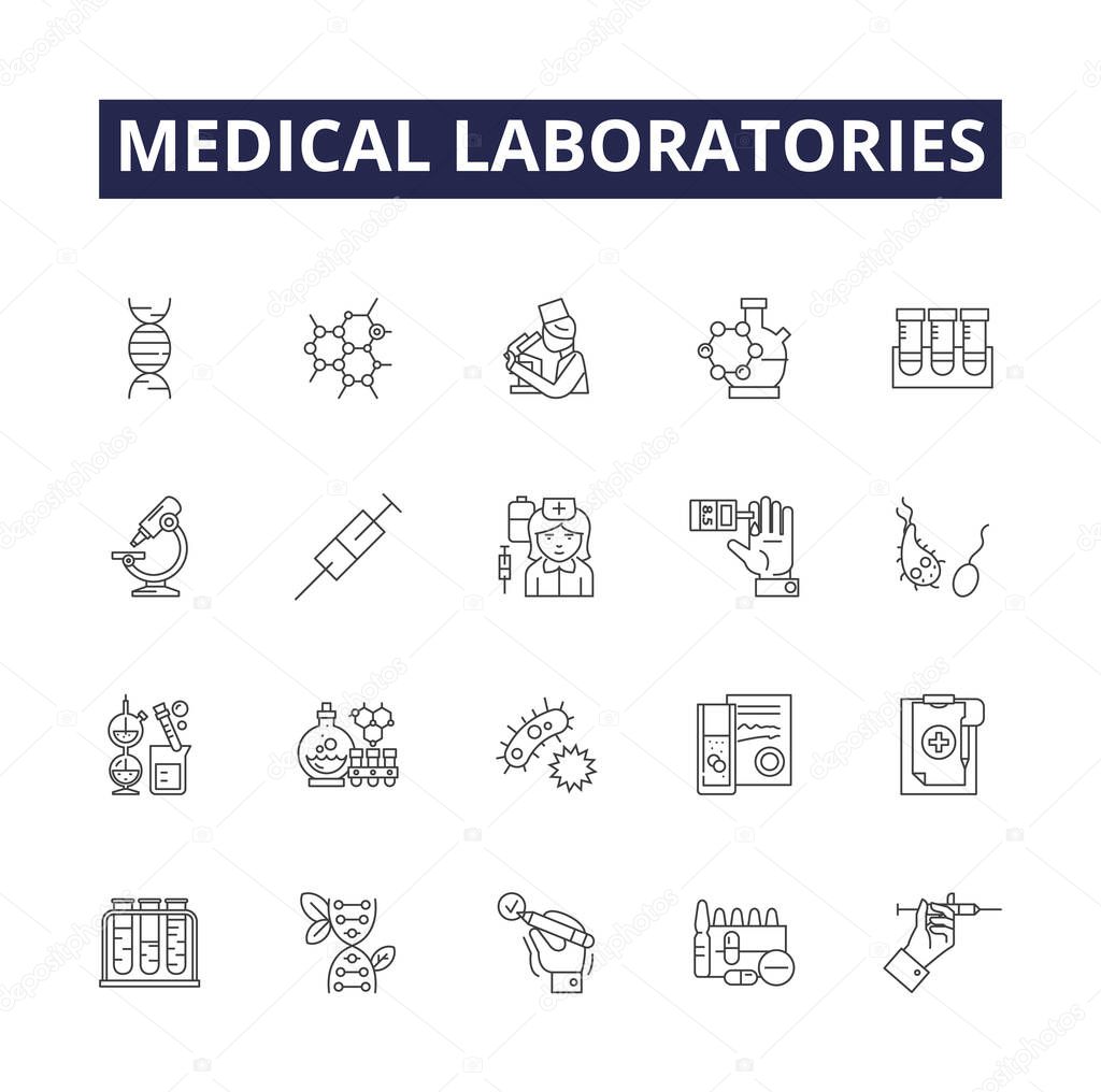 Laboratorios médicos línea de iconos vectoriales y signos. Análisis, Pruebas, Muestras ...