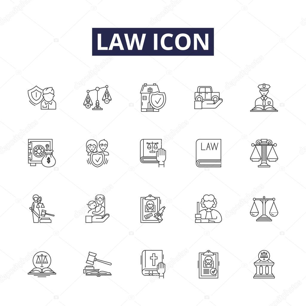 Icono de ley línea vectorial iconos y signos. Justicia, Corte, Abogado ...