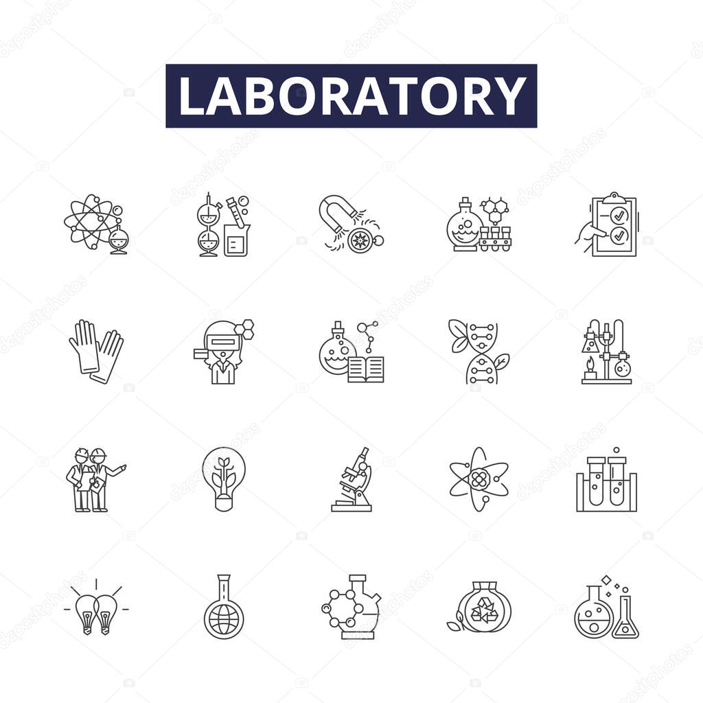 Línea de laboratorio vectorial iconos y signos. Experimento, prueba ...