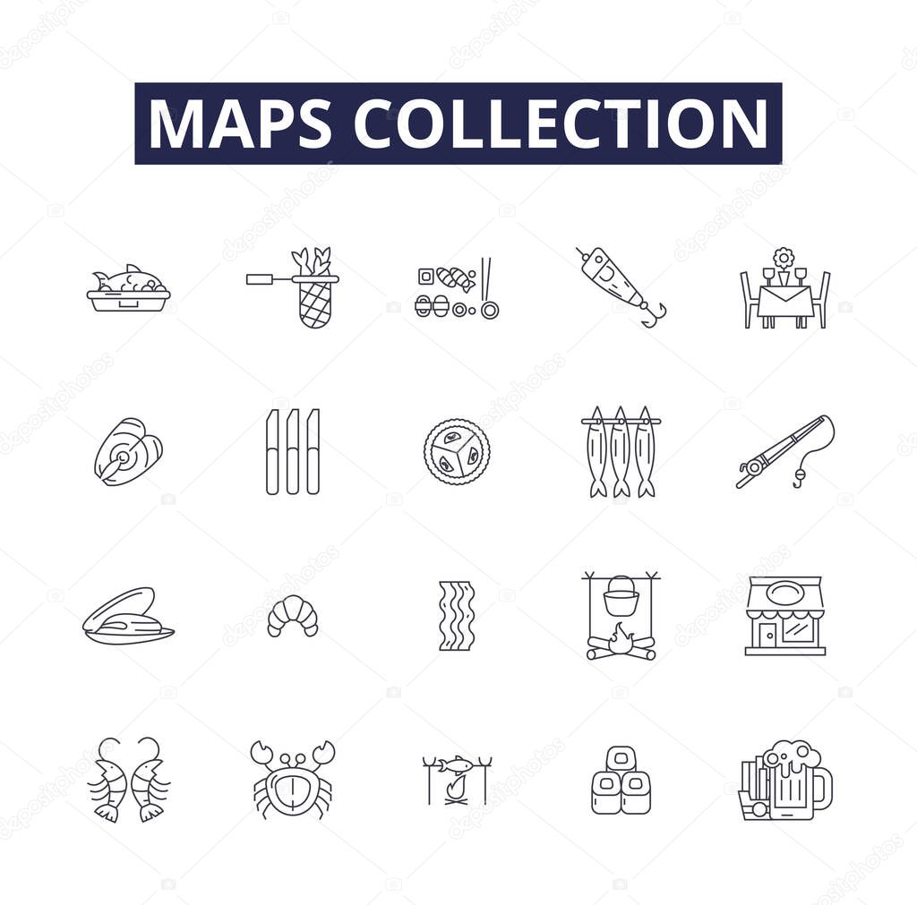 Mapas línea de colección de iconos vectoriales y signos. Mapeo, Atlases ...