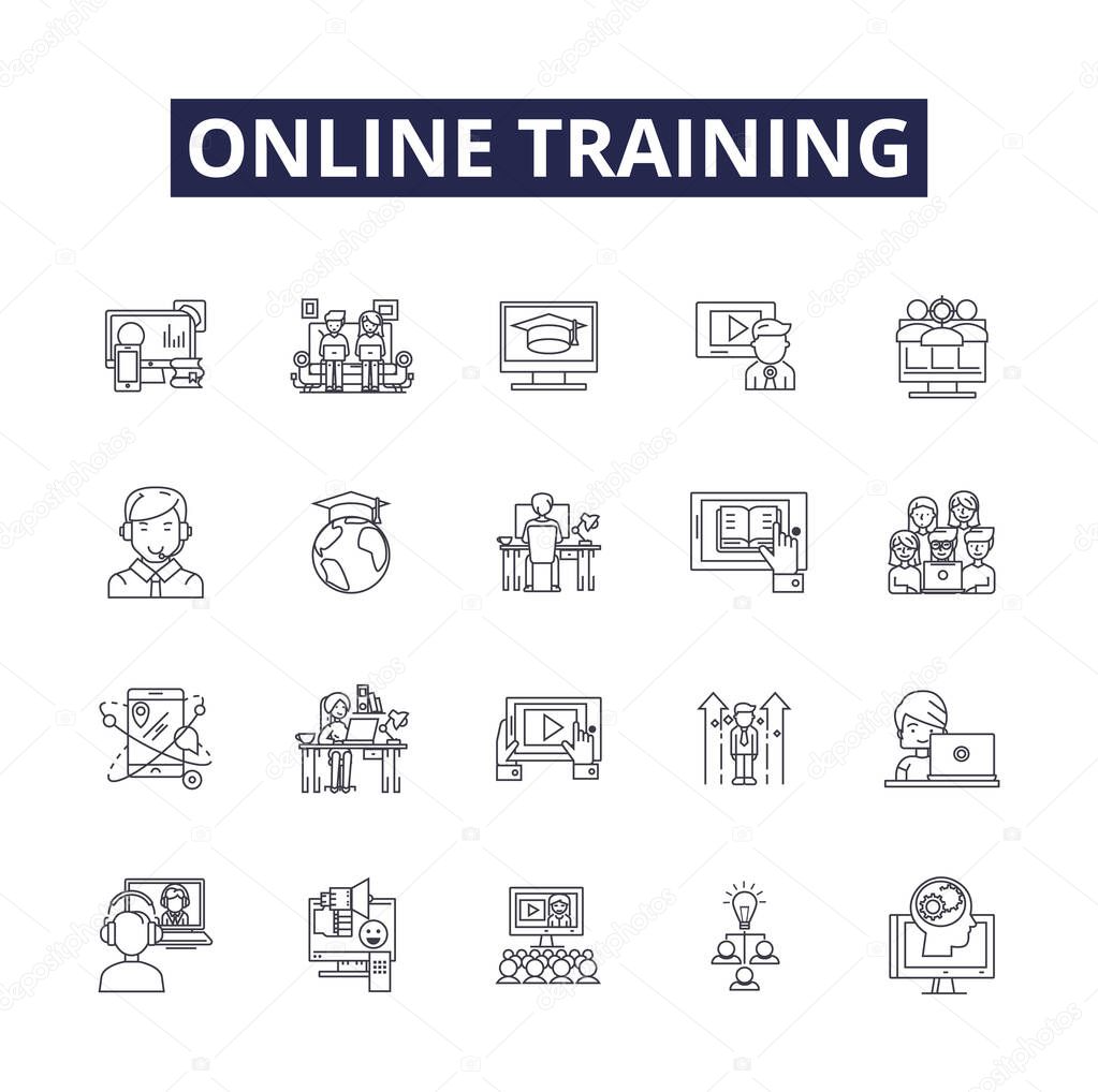 Línea de formación en línea vector iconos y signos. Webinars, Cursos ...
