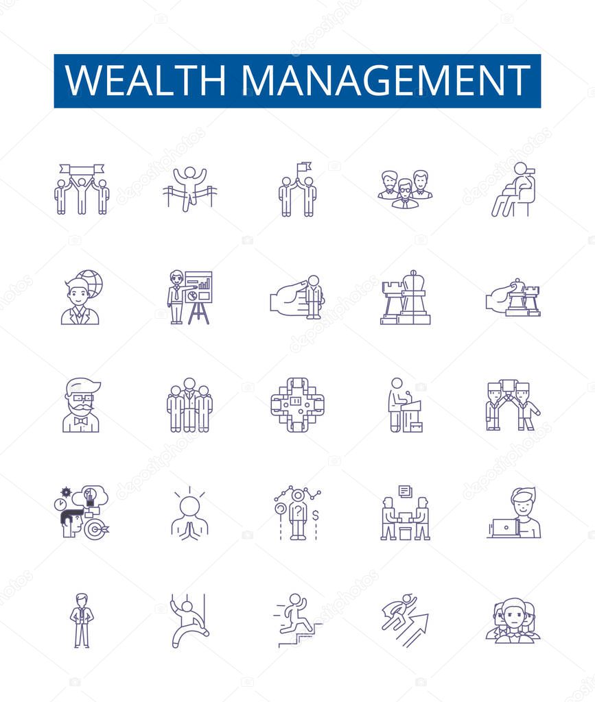 Línea de gestión de la riqueza iconos signos establecidos. Diseño de la ...