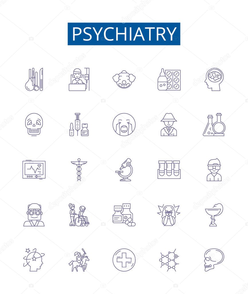 Psiquiatría línea iconos signos establecidos. Diseño colección de ...