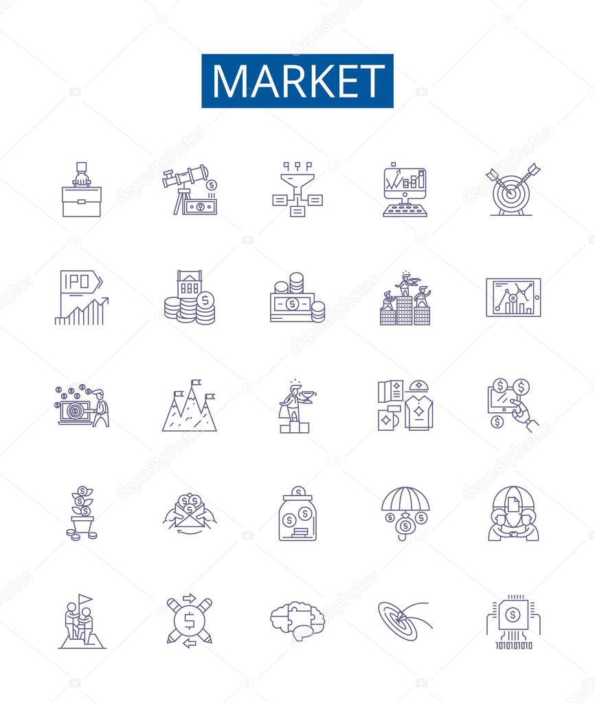 Línea de mercado iconos letreros establecidos. Diseño de la colección ...