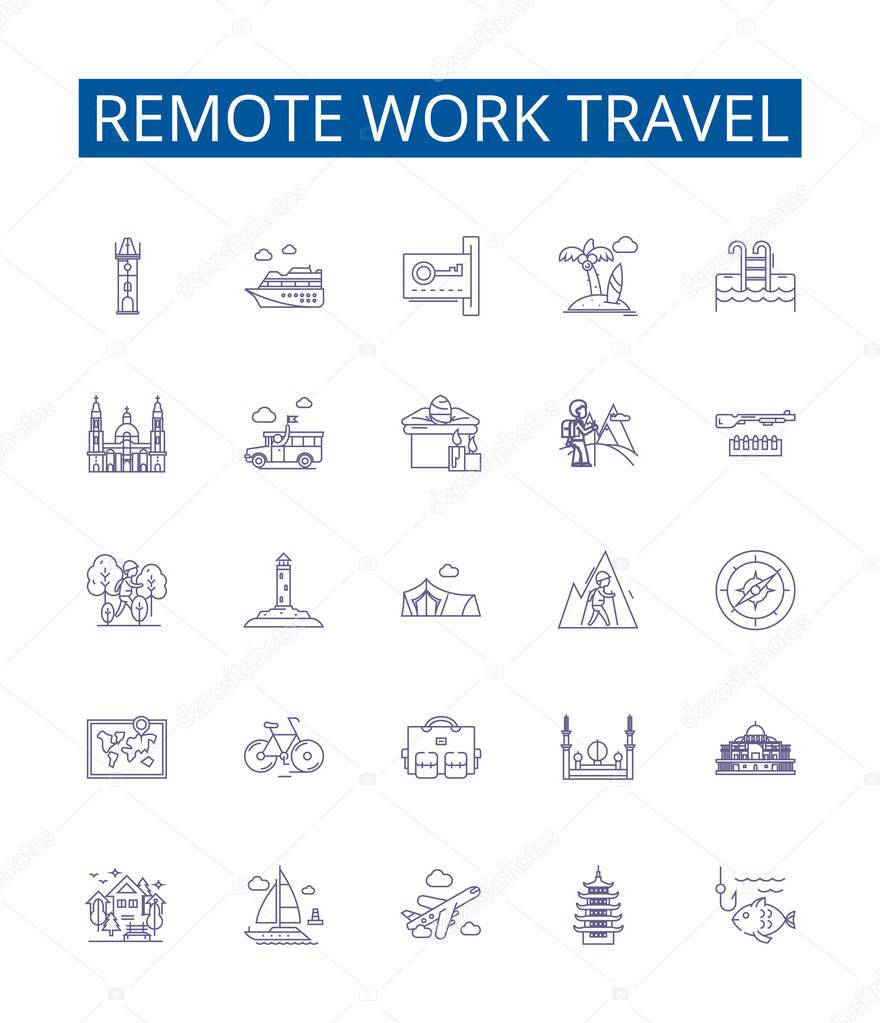 Conjunto de letreros de iconos de línea de trabajo remoto. Diseño de la colección de remoto ...