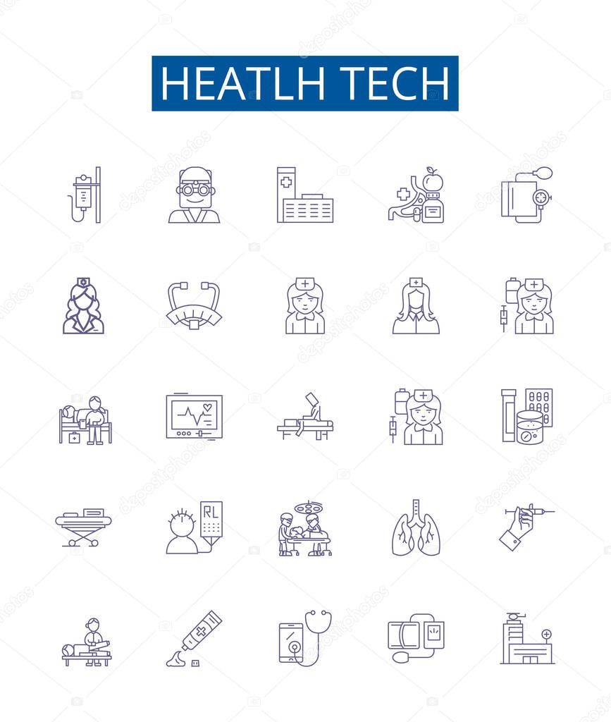Heatlh tecnología línea iconos letreros establecidos. Diseño colección ...