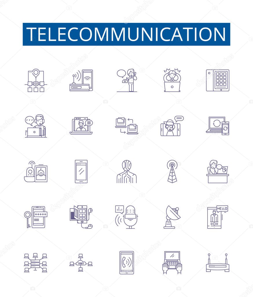 Línea de telecomunicaciones iconos signos establecidos. Diseño de la ...