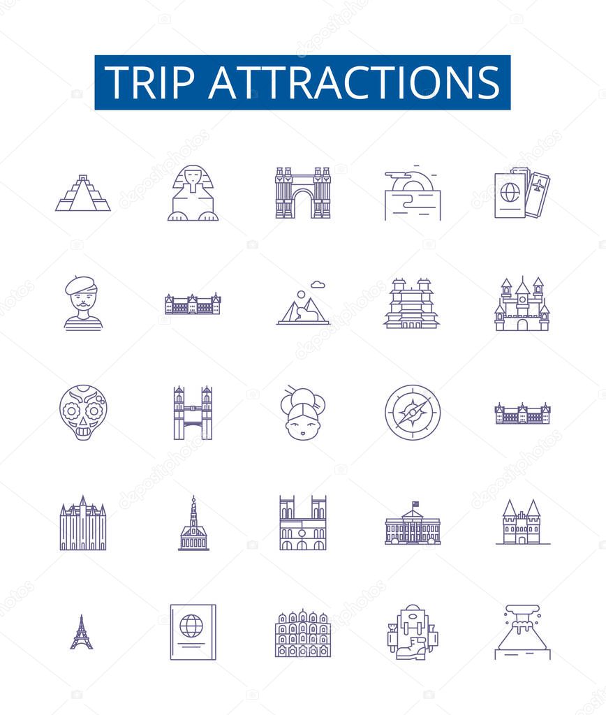Atracciones de viaje línea iconos letreros establecidos. Diseño de la ...