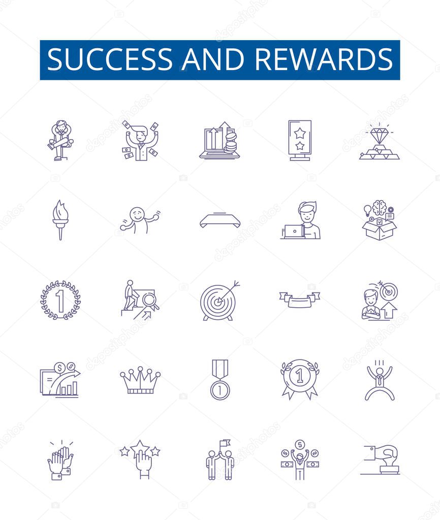 Éxito y recompensas línea iconos signos establecidos. Diseño de la ...