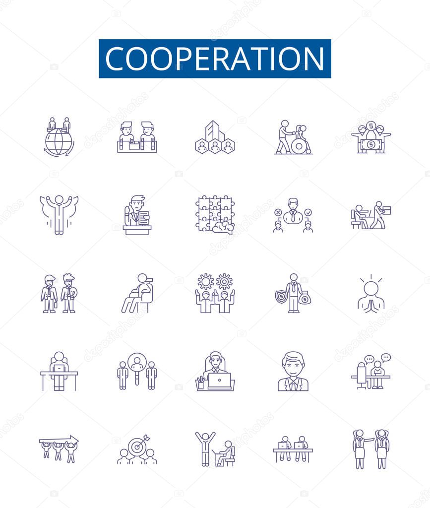 Línea de cooperación iconos signos establecidos. Diseño de la colección ...