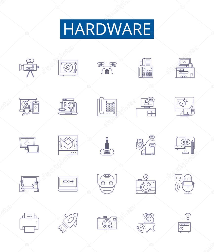 Línea de hardware iconos signos establecidos. Diseño de la colección de ...