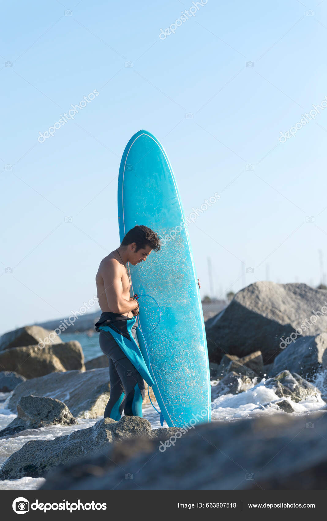Back View Young Surfer Standing Barefooted Sandy Shore Facing Vast ...