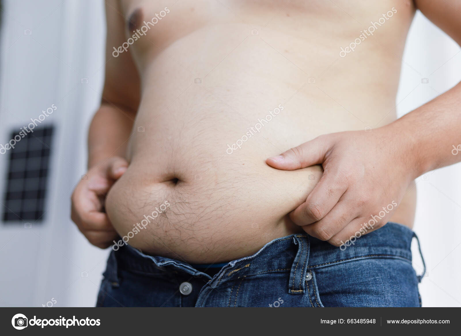 Man Fat Belly Dieting Concept Overweight Man Touching His Fat — Stock ...