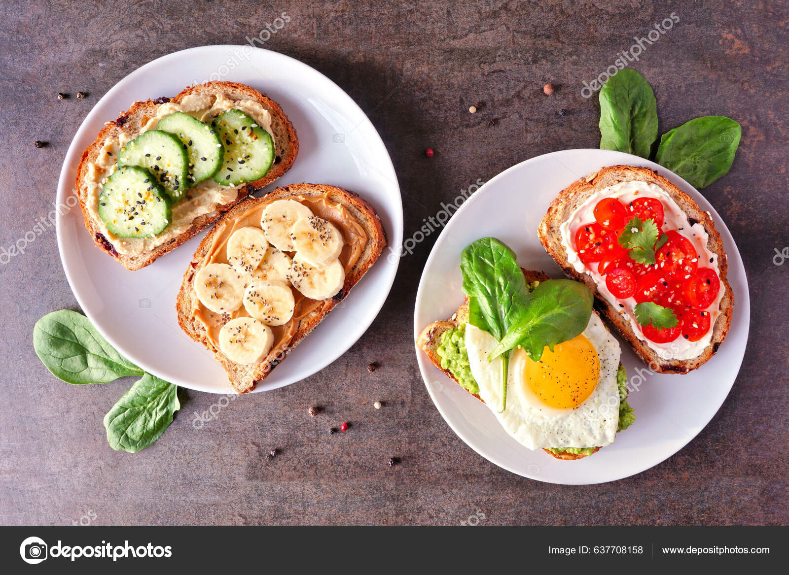 Assortment Healthy Toasts White Plates Top View Table Scene Dark Stock ...