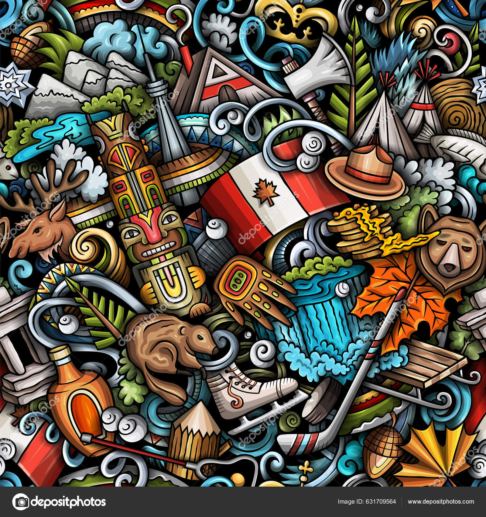 Cartoon Doodles Canada Seamless Pattern Backdrop Local Canadian Culture ...