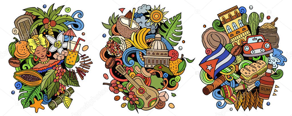 Cuba dibujos animados raster doodle diseños conjunto. Coloridas ...