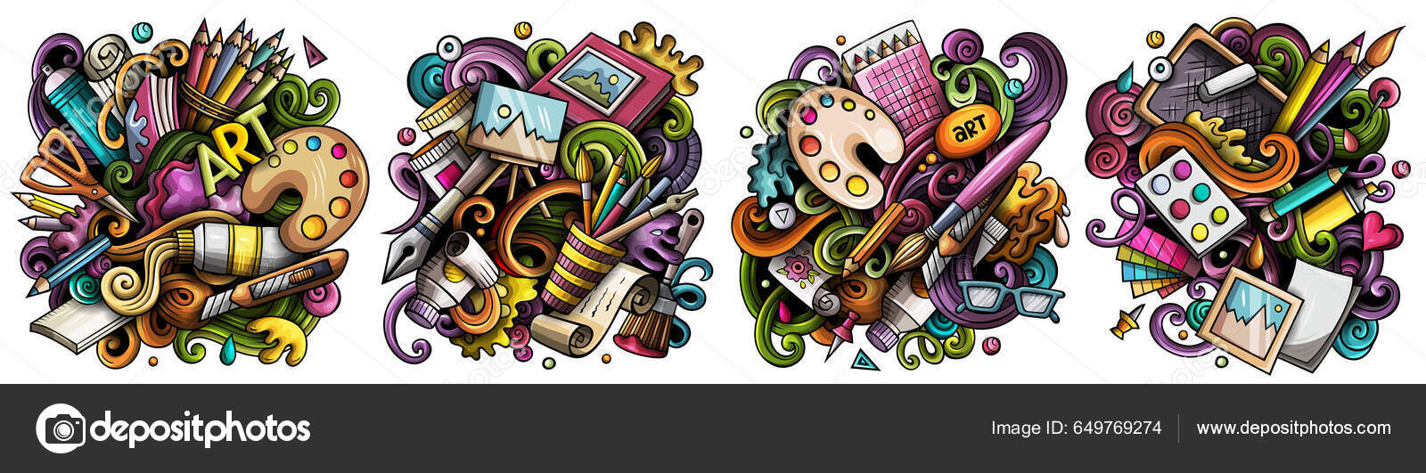 Art Cartoon Doodle Designs Set Colorful Detailed Compositions Lot ...