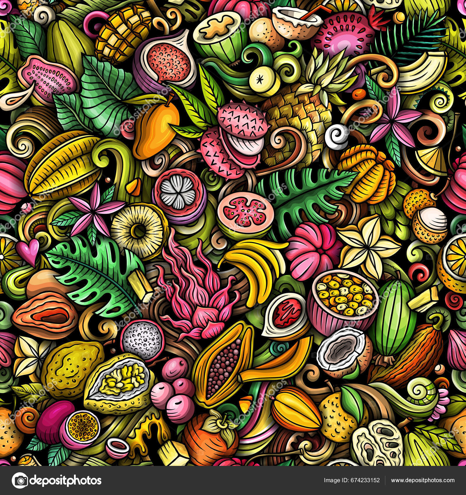 Cartoon Raster Doodles Subject Exotic Fruits Seamless Pattern Features ...