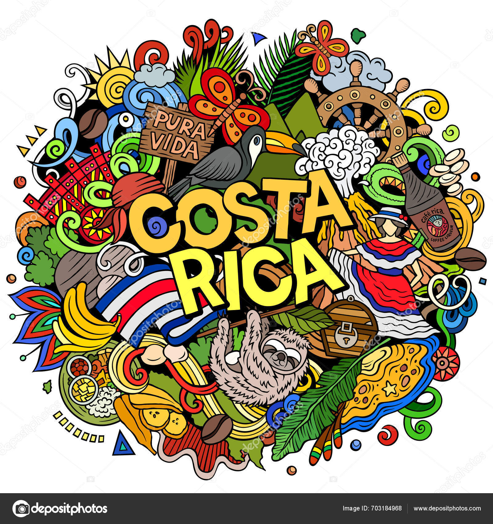 Raster Funny Doodle Illustration Costa Rica Theme Vibrant Eye Catching ...