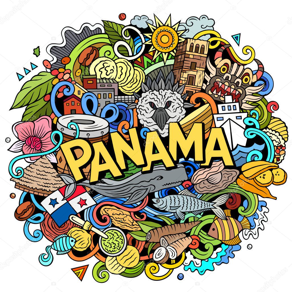 Raster divertida ilustración de garabatos con tema de Panamá. Diseño ...