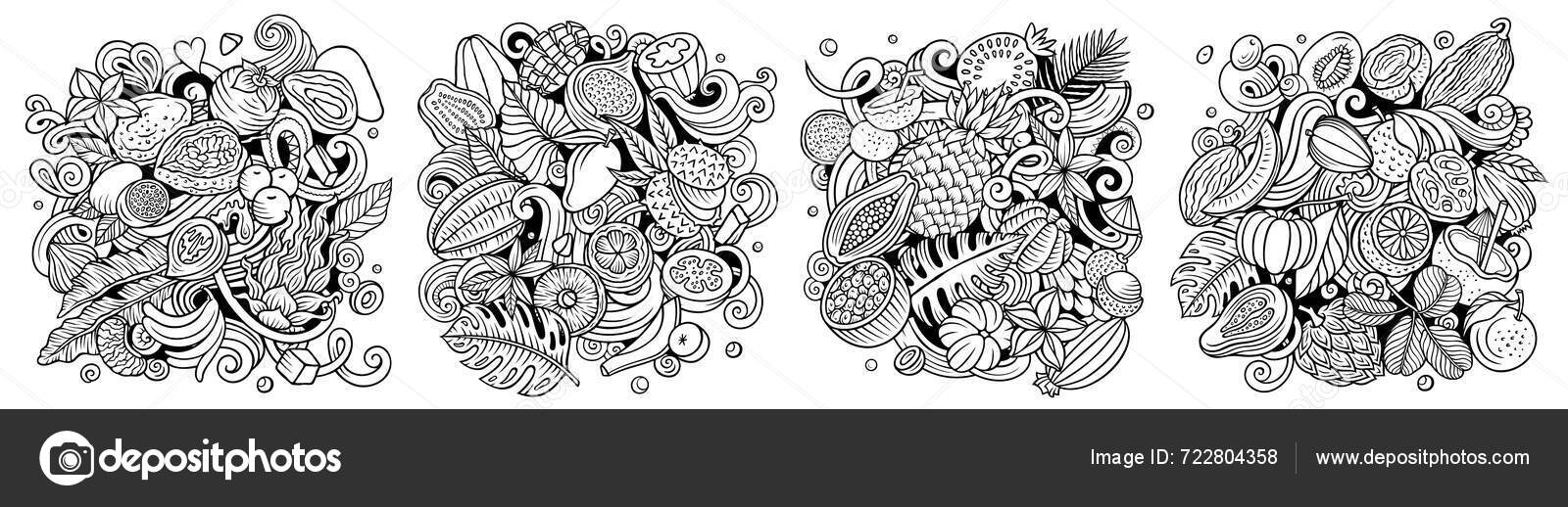 Exotic Fruits Cartoon Doodle Designs Set Sketchy Detailed Compositions ...