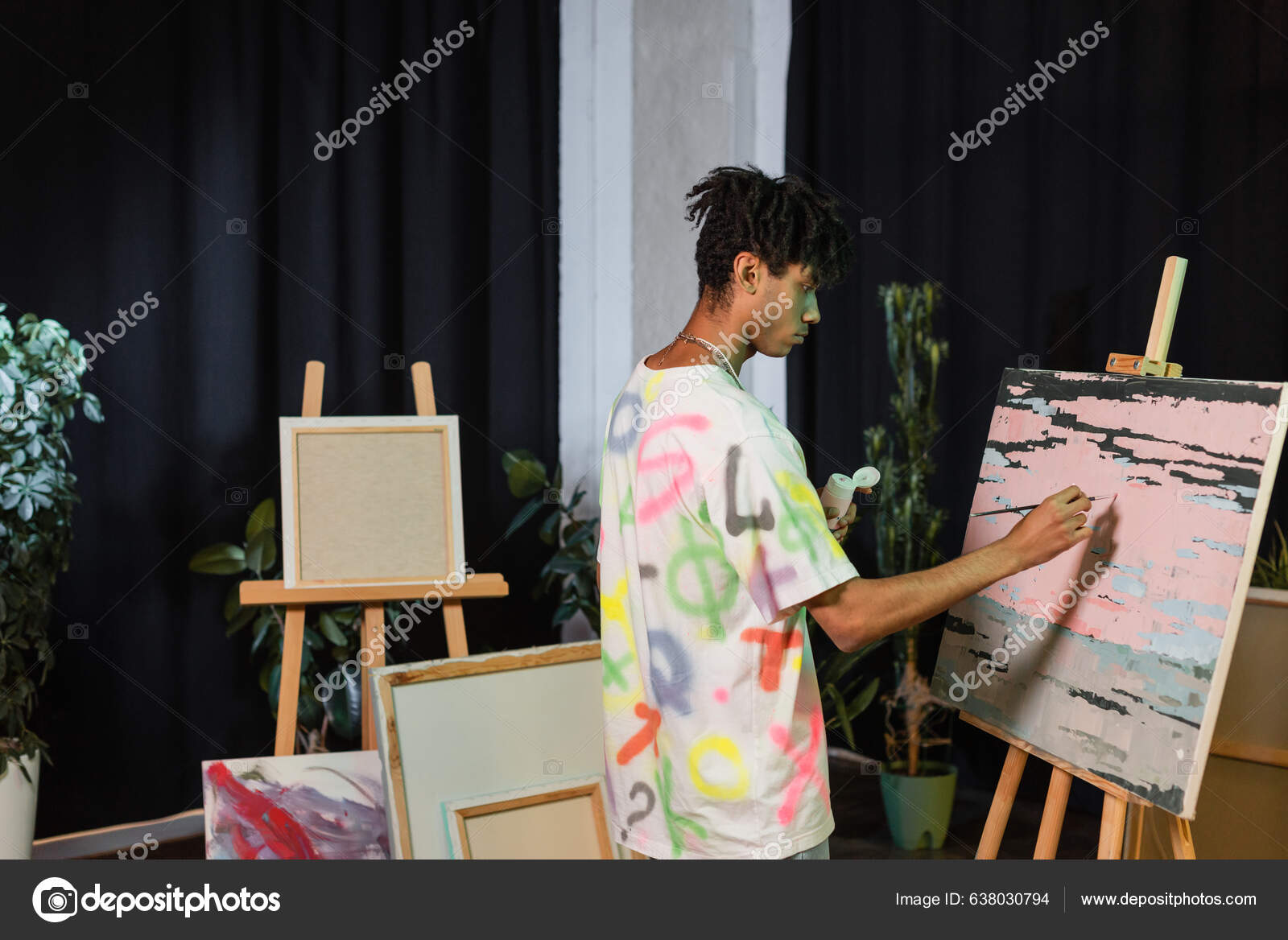 Side View African American Artist Painting Canvas Drawings Studio ...