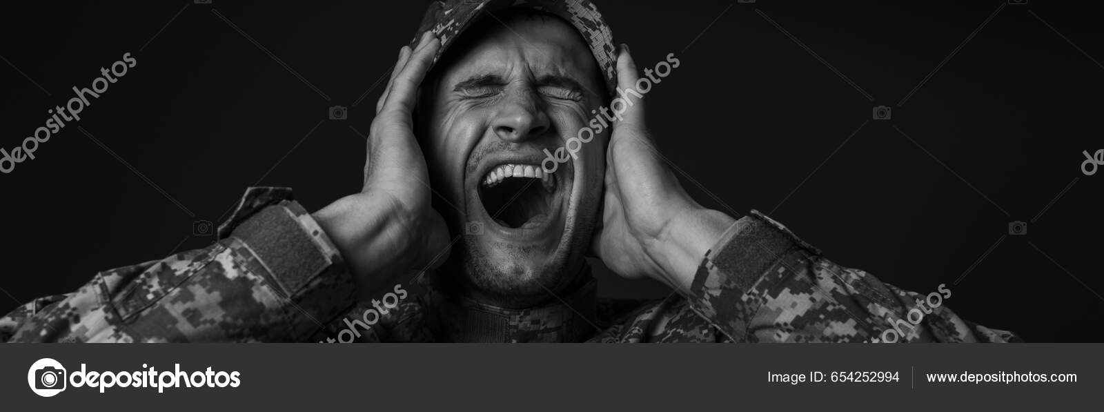 Monochrome Photo Stressed Soldier Uniform Cap Screaming While Suffering ...