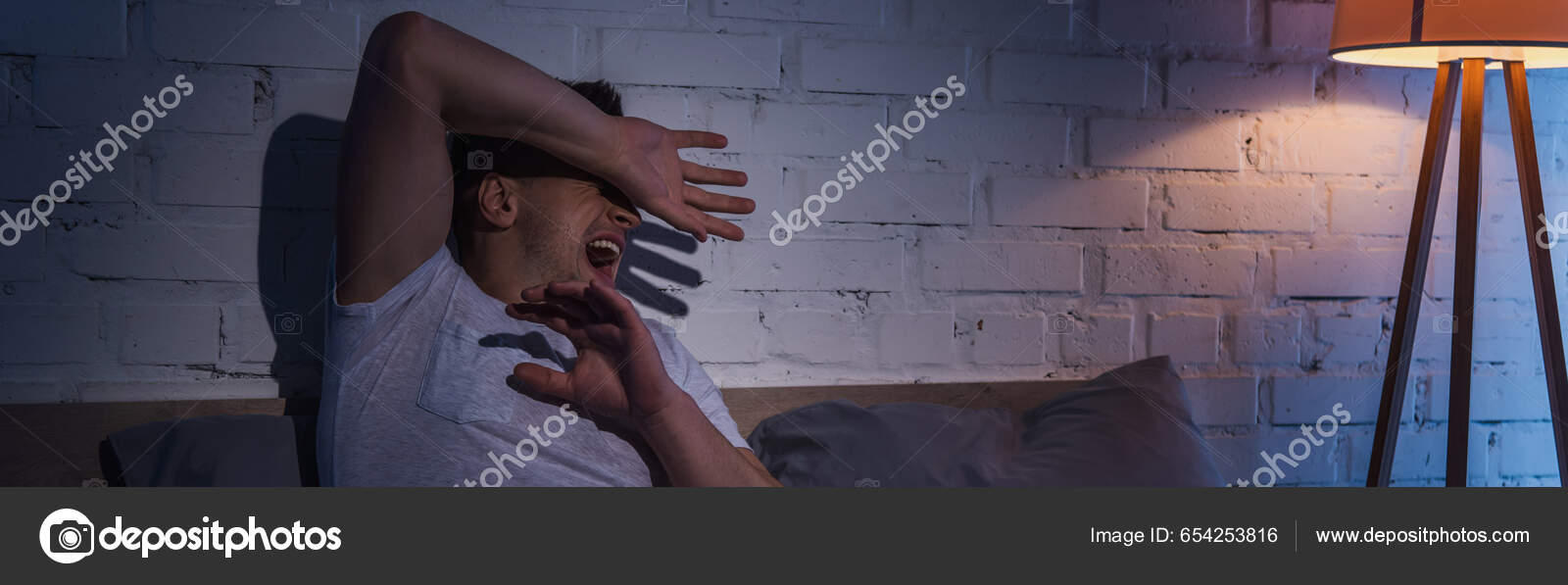 Scared Young Man Ptsd Having Flashbacks While Screaming Night Banner ...