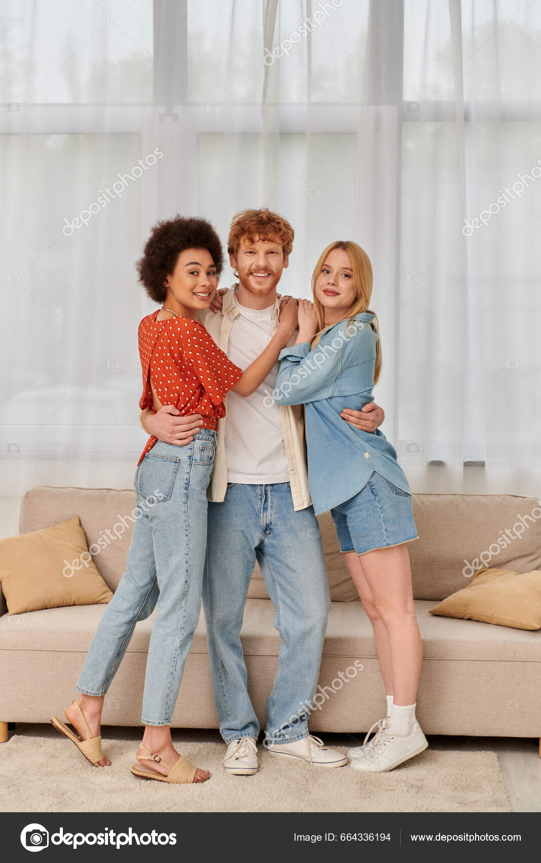 Polygamy Love Concept Three Adults Happy Redhead Man Hugging ...