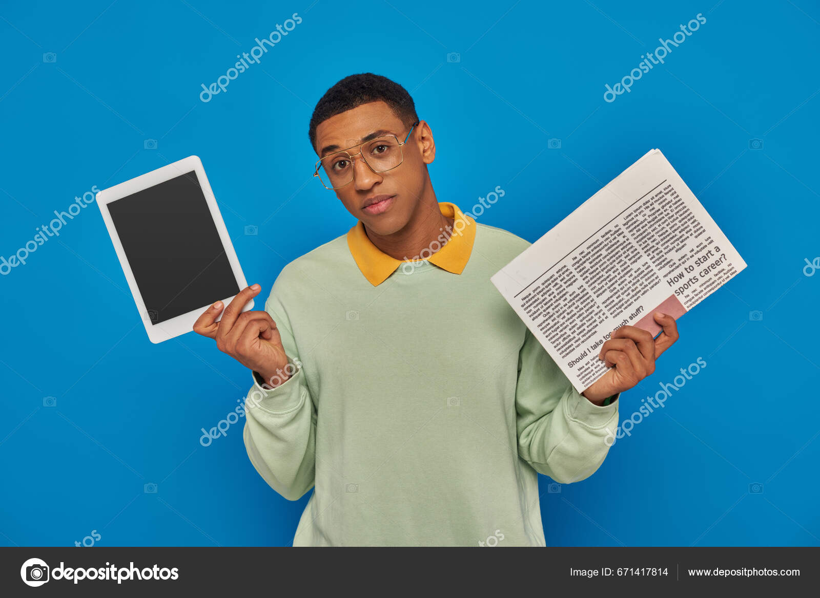 Handsome African American Man Eyeglasses Holding Digital Tablet