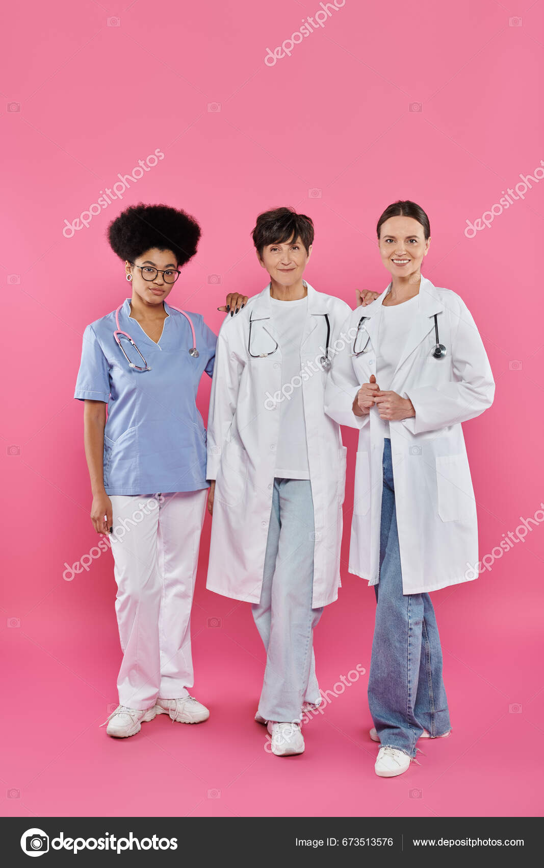Oncologists Three Interracial Female Doctors Breast Cancer Awareness ...