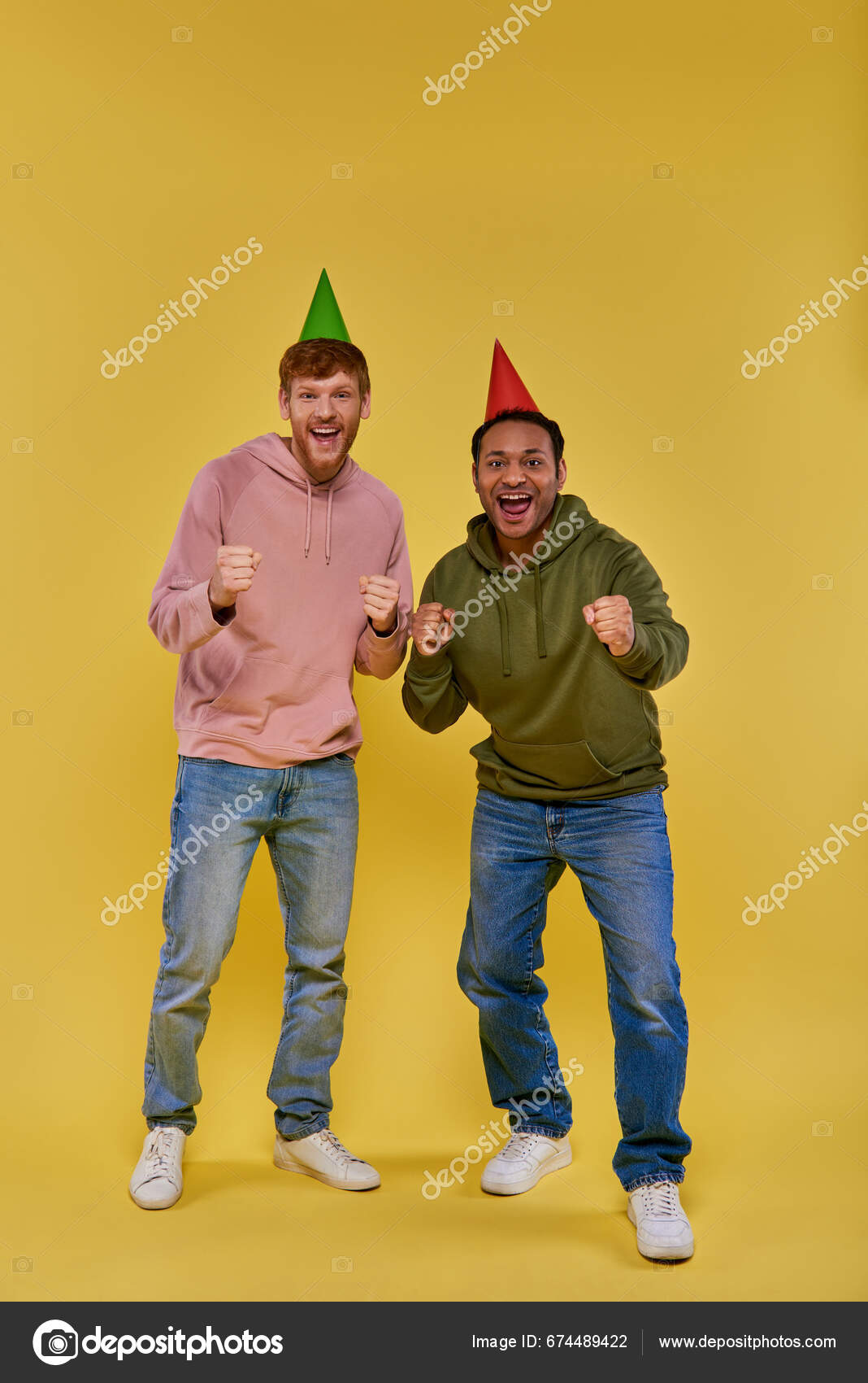Two Handsome Multiracial Men Birthday Hats Standing Celebrating Fists ...