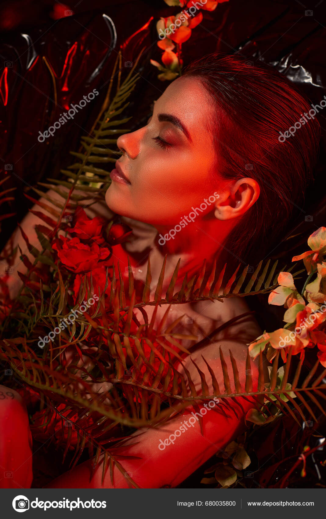 Red Light Face Brunette Young Woman Piercing Tattoo Lying Different ...