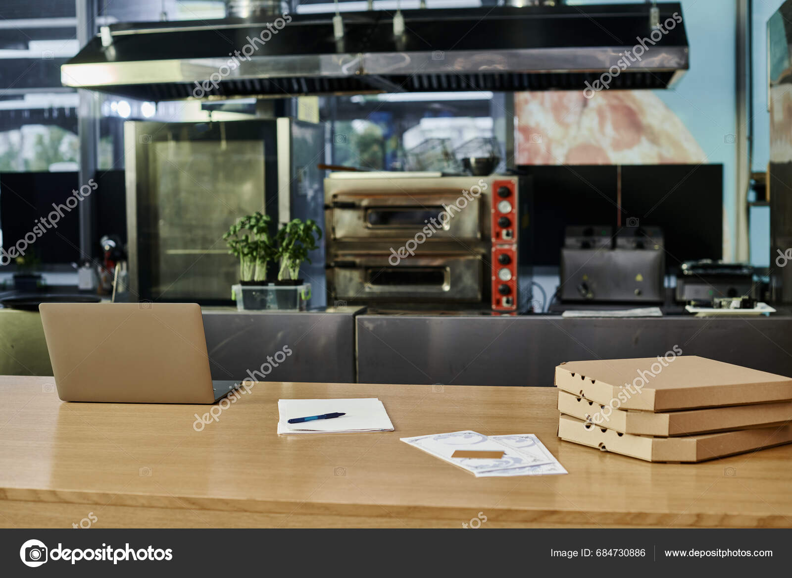 Laptop Pizza Boxes Menu Cards Wooden Counter Modern Cafe Setting ...