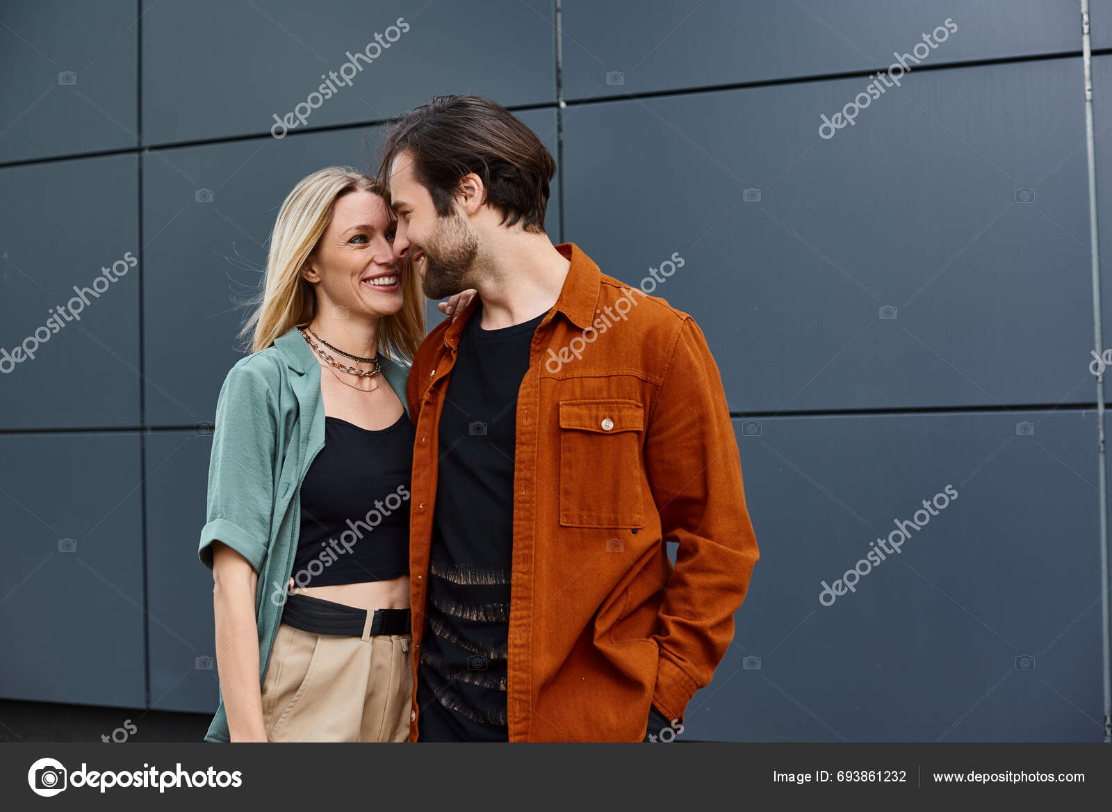 Man Woman Stand Side Side Display Romance Connection Exuding Sense ...