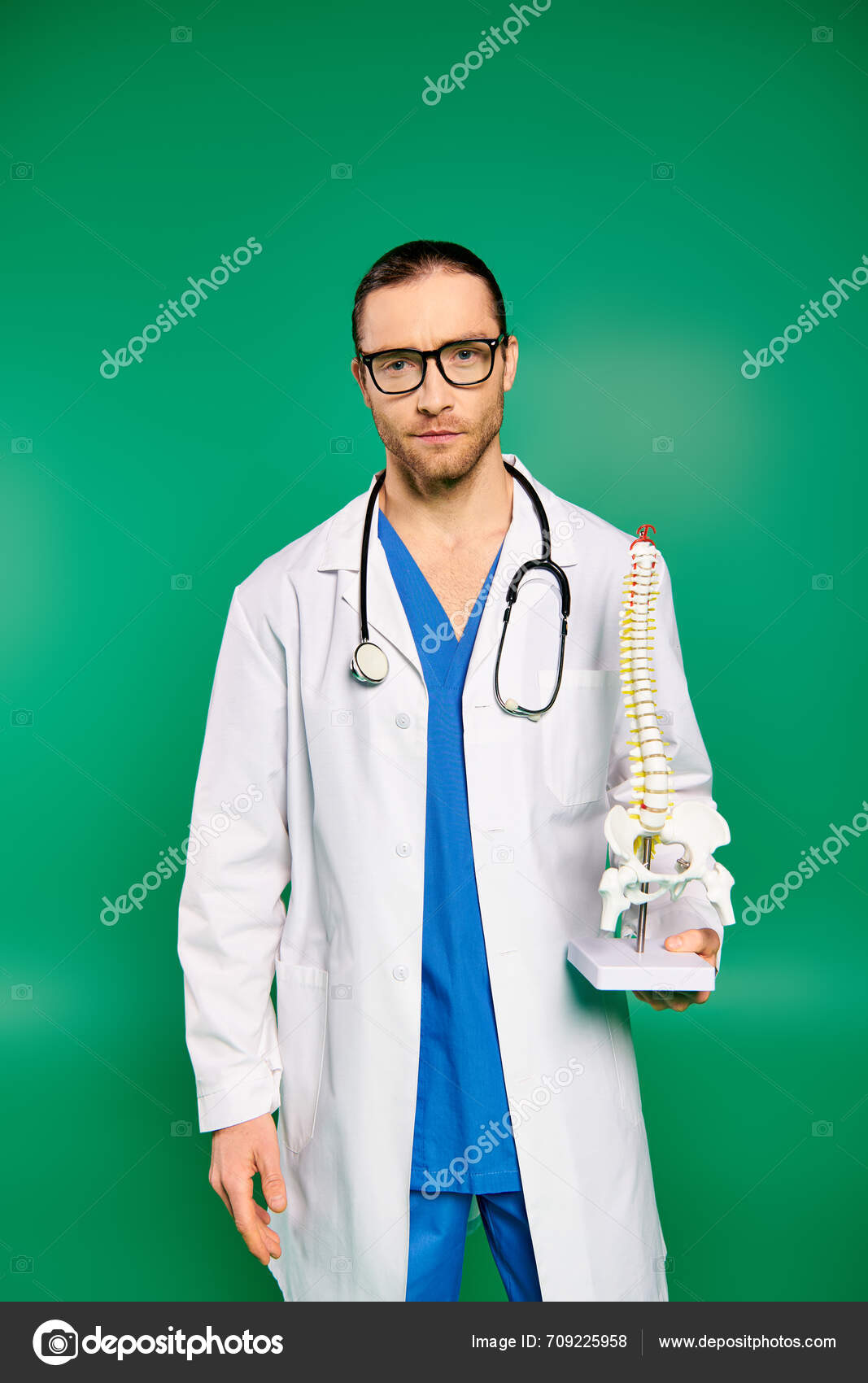 Handsome Doctor White Lab Coat Holding Model Human Skeleton — Stock ...