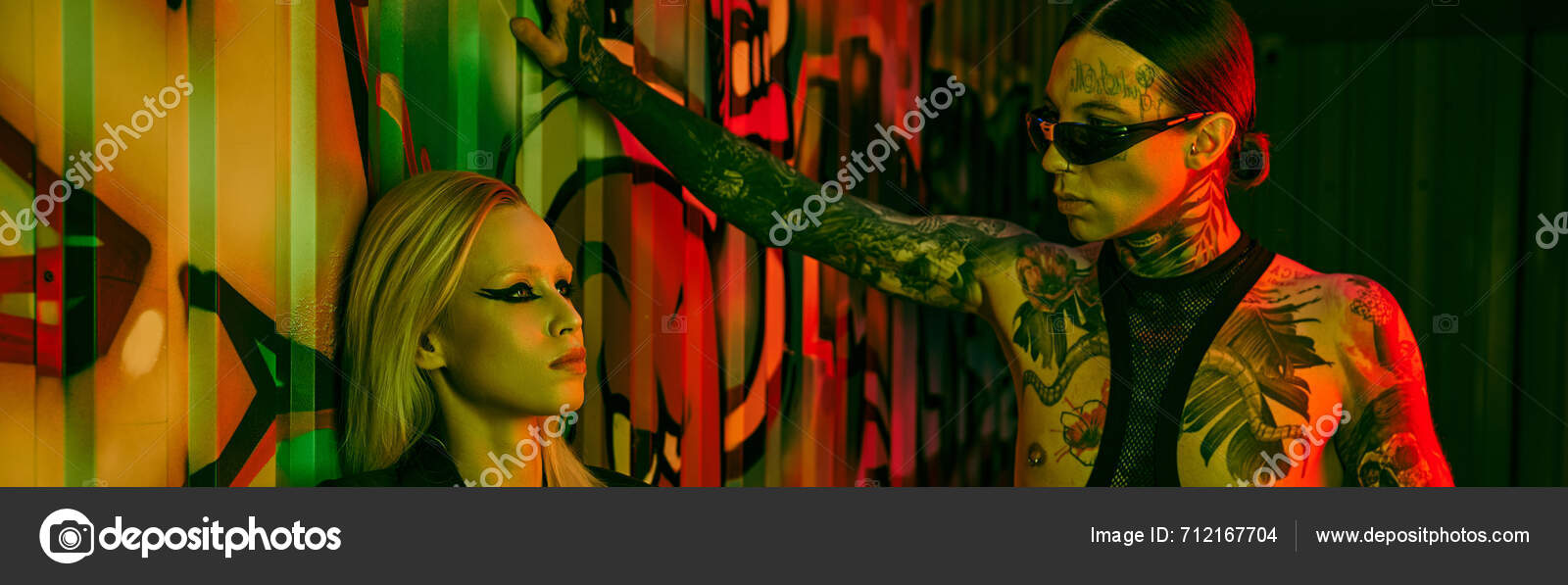 Man Woman Stand Side Side Vibrant Rave Party Setting — Stock Photo ...