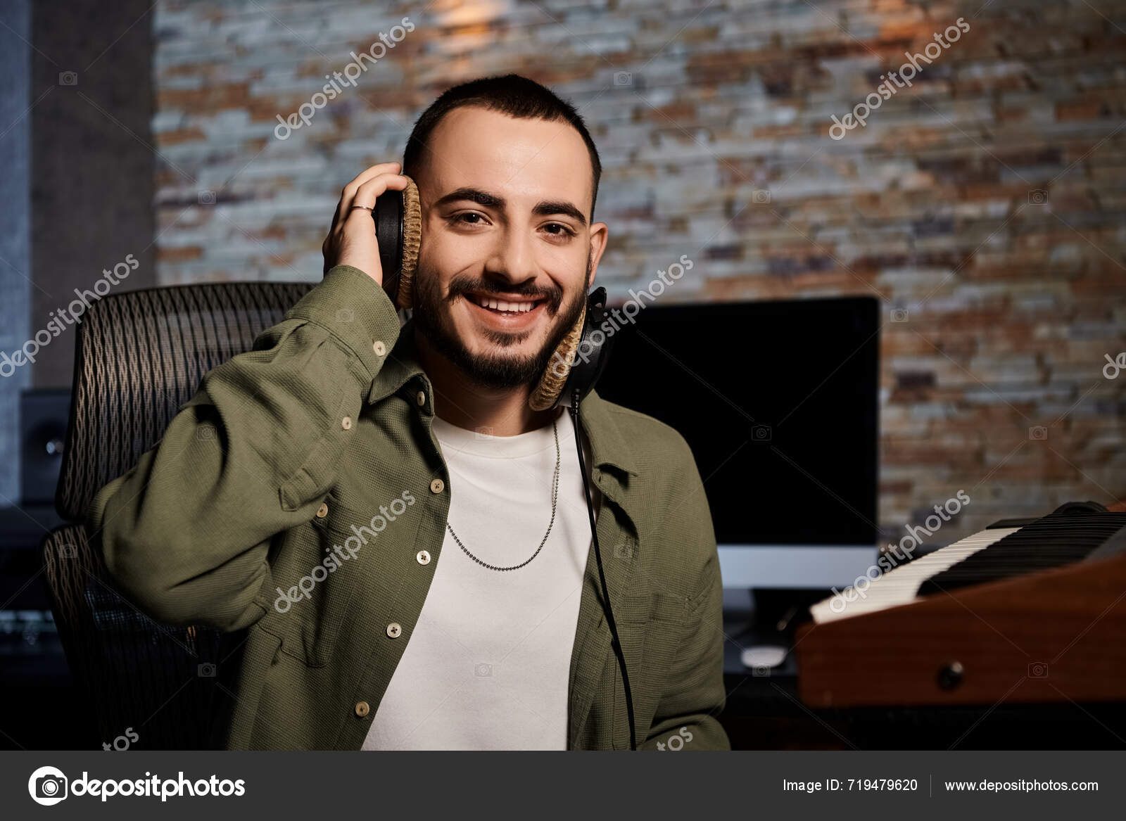 Man Recording Studio Focused Keyboard Wearing Headphones Music Band ...