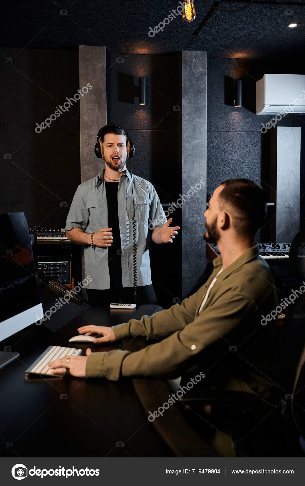 Two Men Recording Studio Engage Animated Discussion Music Band ...