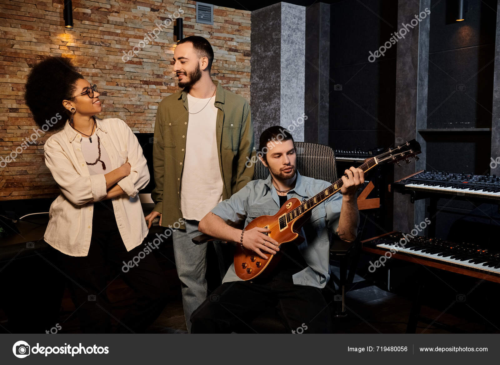 Diverse Group People Collaborate Recording Studio One Person Playing ...