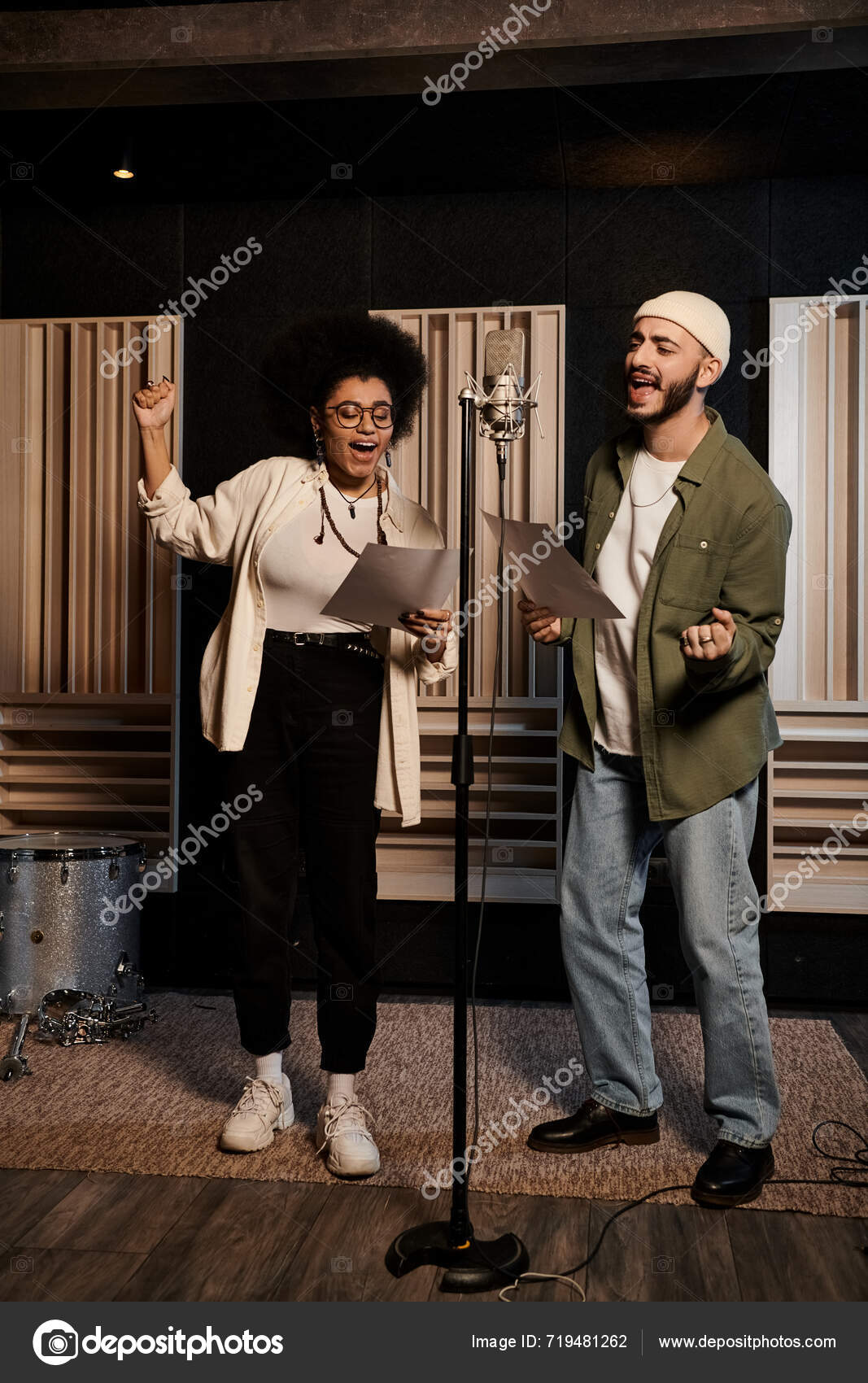 Man Woman Passionately Sing Together Recording Studio Music Band ...