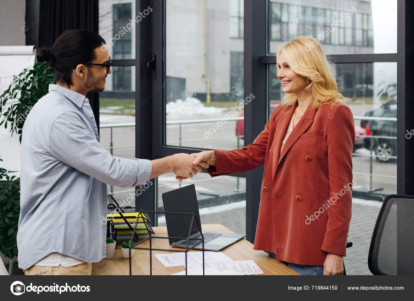 Man Woman Office Shaking Hands Job Interview — Stock Photo ...