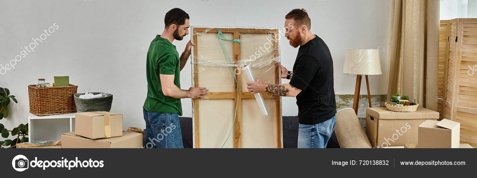 Two Men Stand Next Each Other Room Filled Moving Boxes — Stock Photo ...
